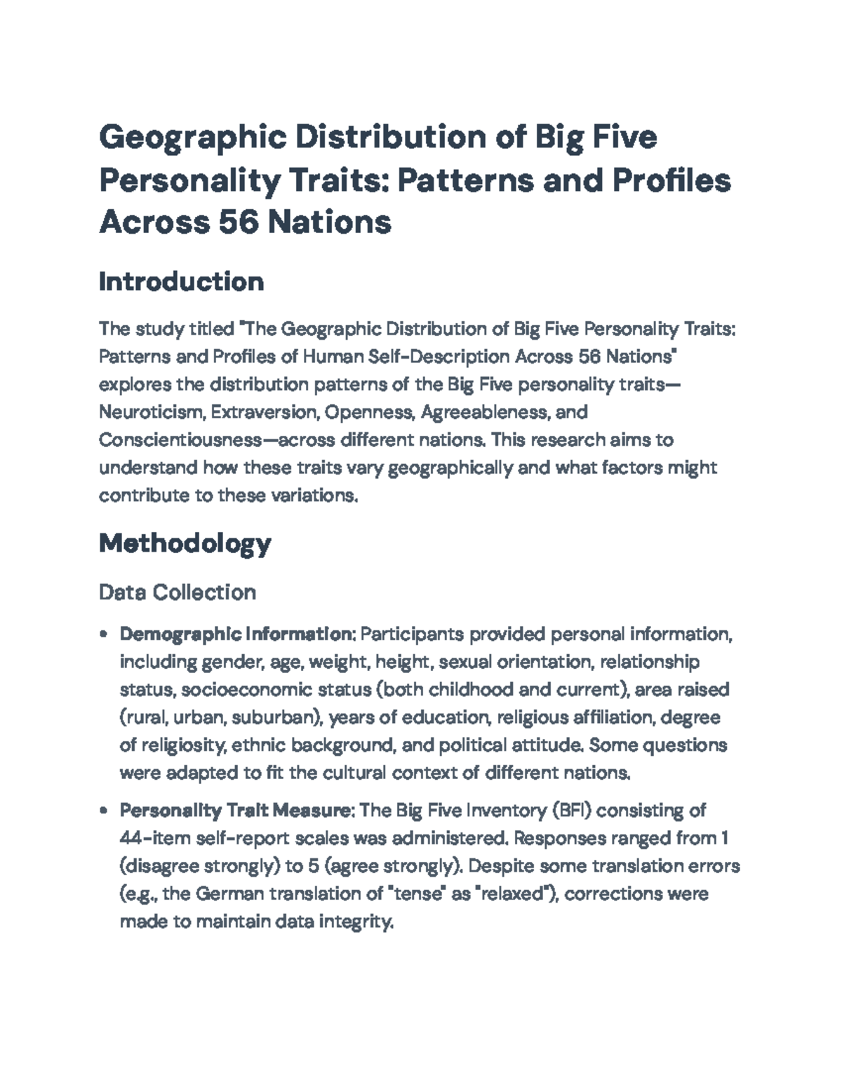 Geographic Distribution of Big Five Personality Traits Across 56 ...