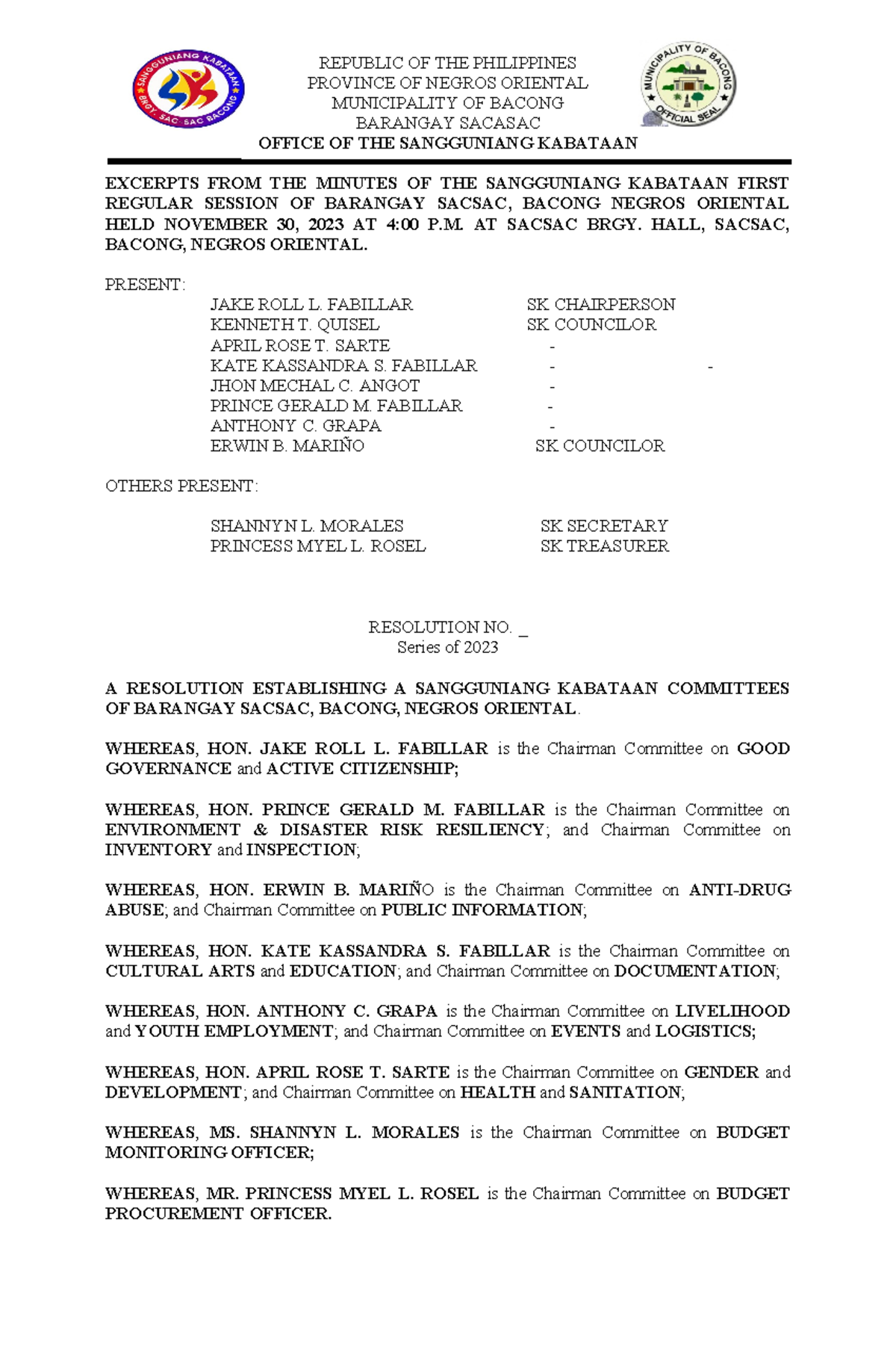 SK RESO on Establishing Committees of Sangguniang Kabataan - Studocu