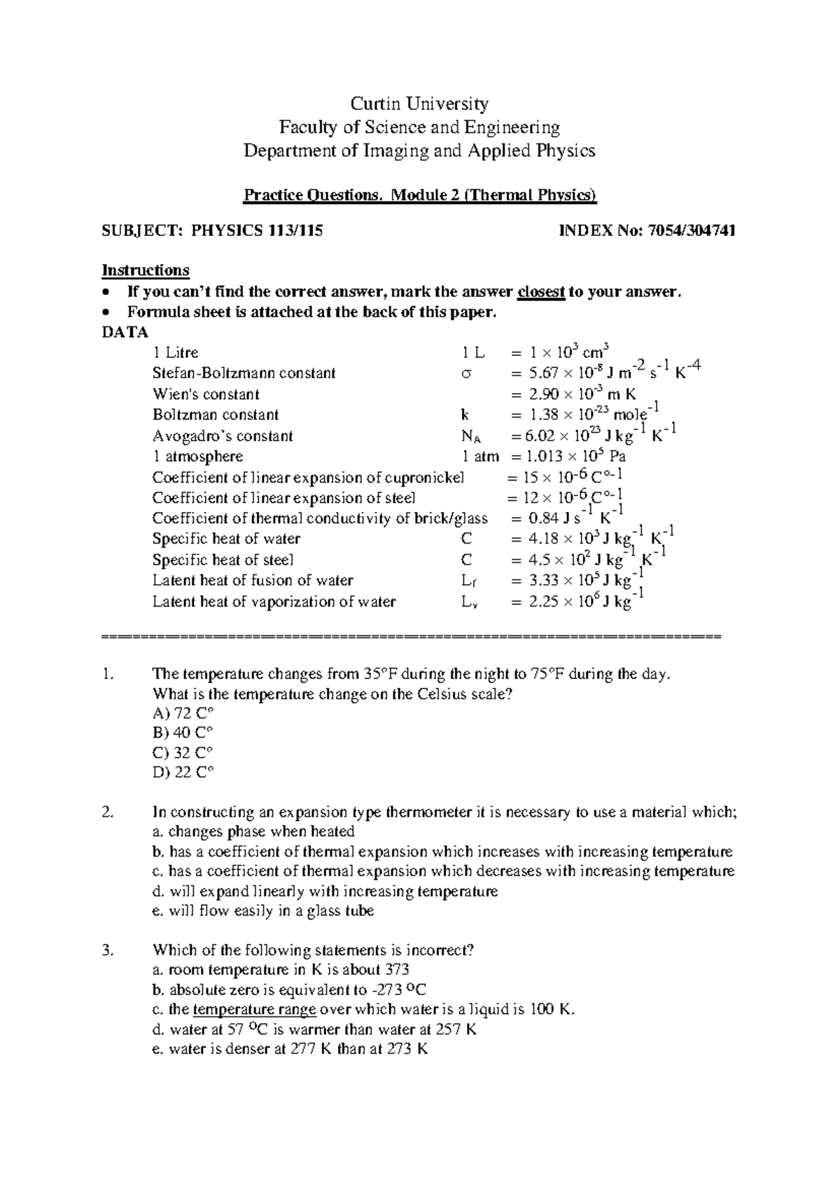 Module 2 Practice Questions - Thermal Physics (PHYS 113/115) - Studocu