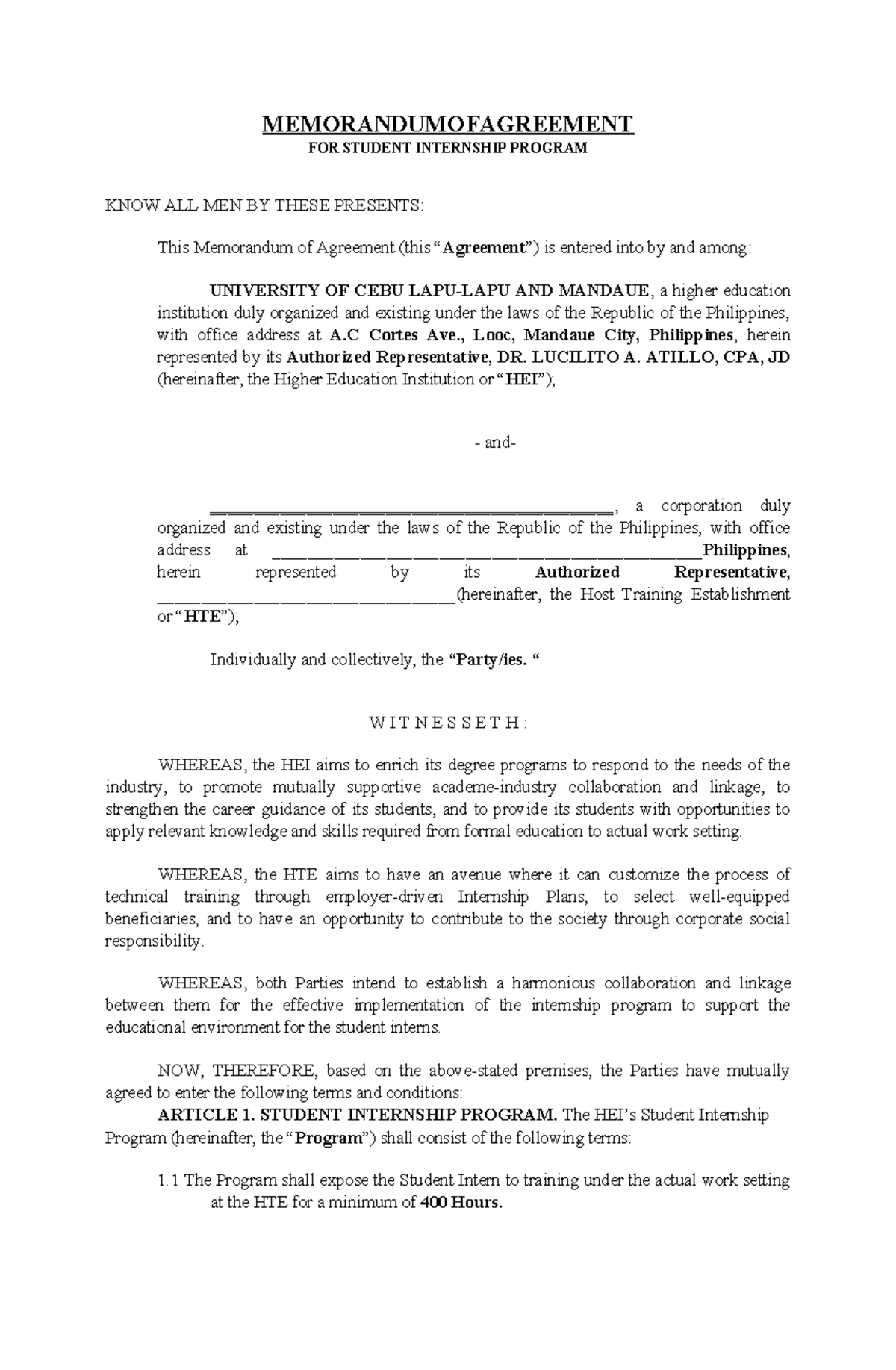 MOA for Student Internship Program - University of Cebu & HTE - Studocu