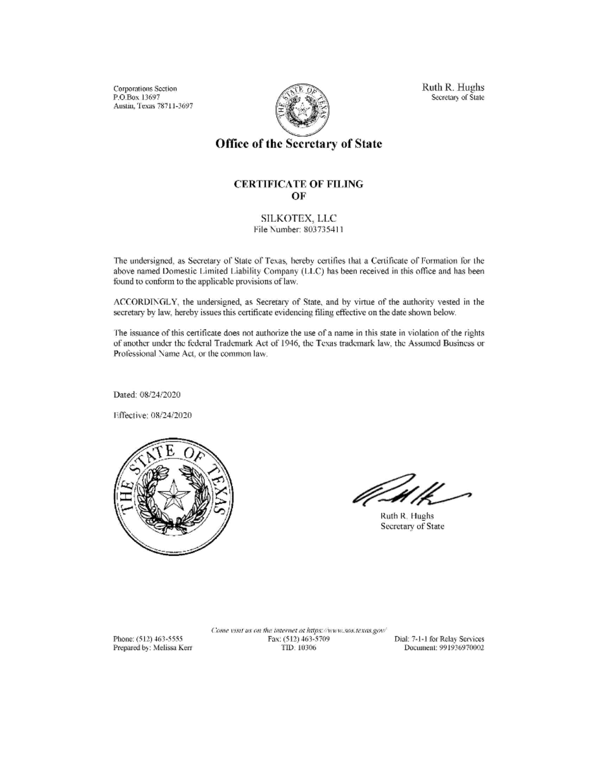Certificate of Filing for Silkotex, LLC - Texas Secretary of State ...