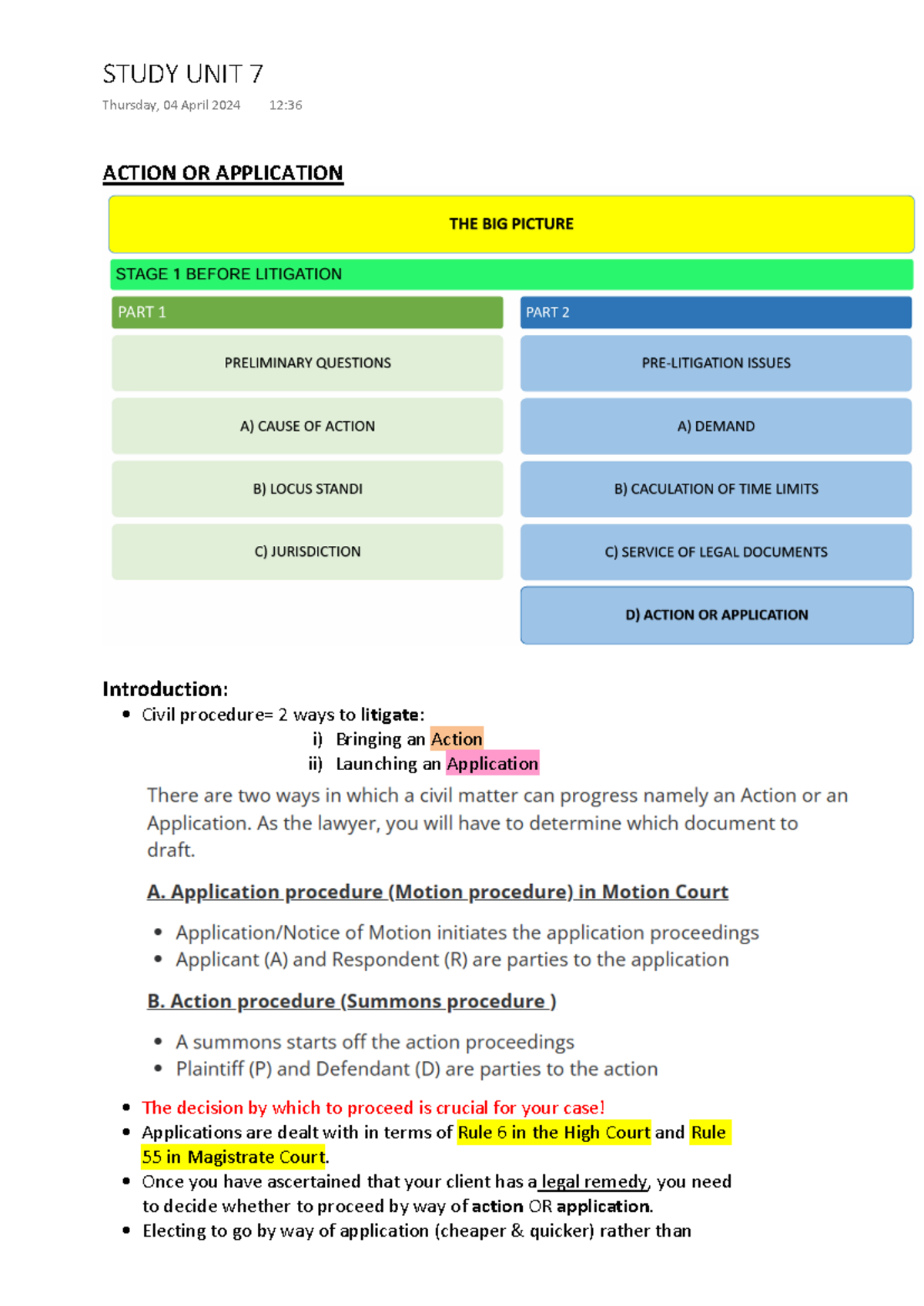 Study Unit 7: Action vs. Application in Civil Litigation - Class Notes ...