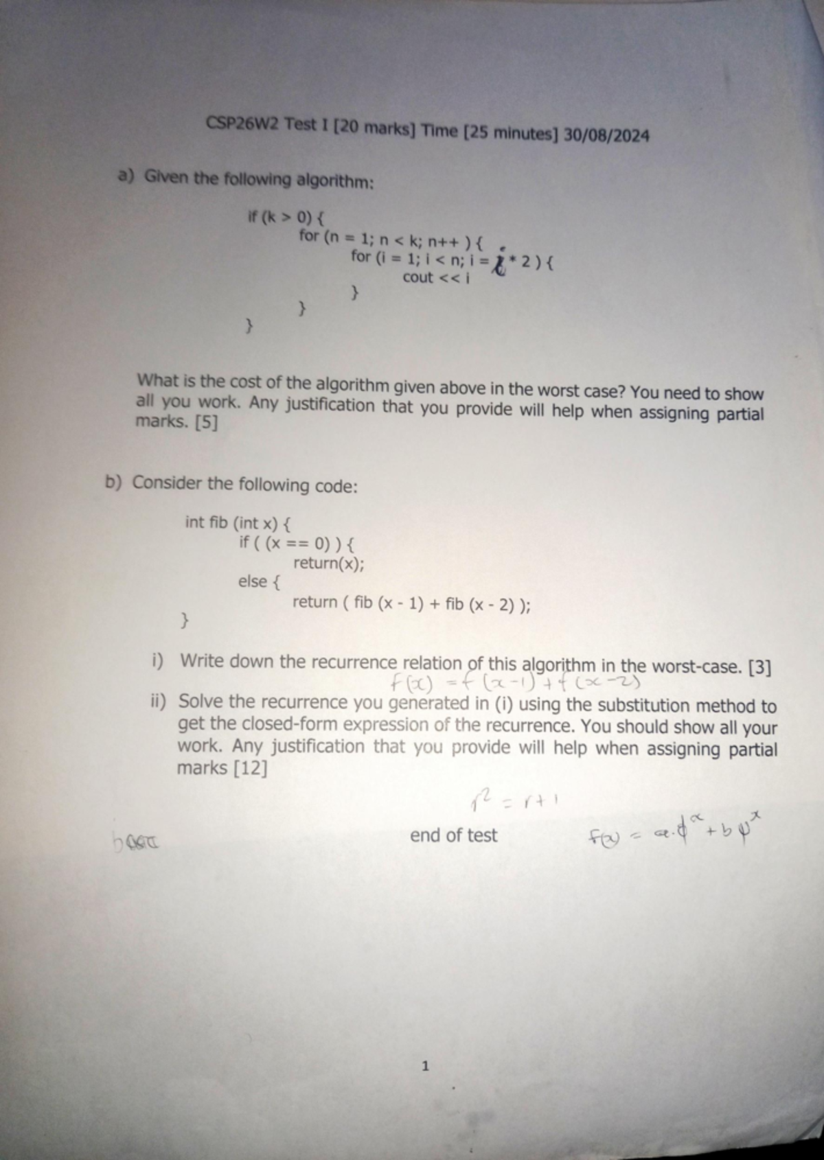 Scan 04 Nov 24 17·22·43 - Algorithm Analysis: Question (a) asks for the ...