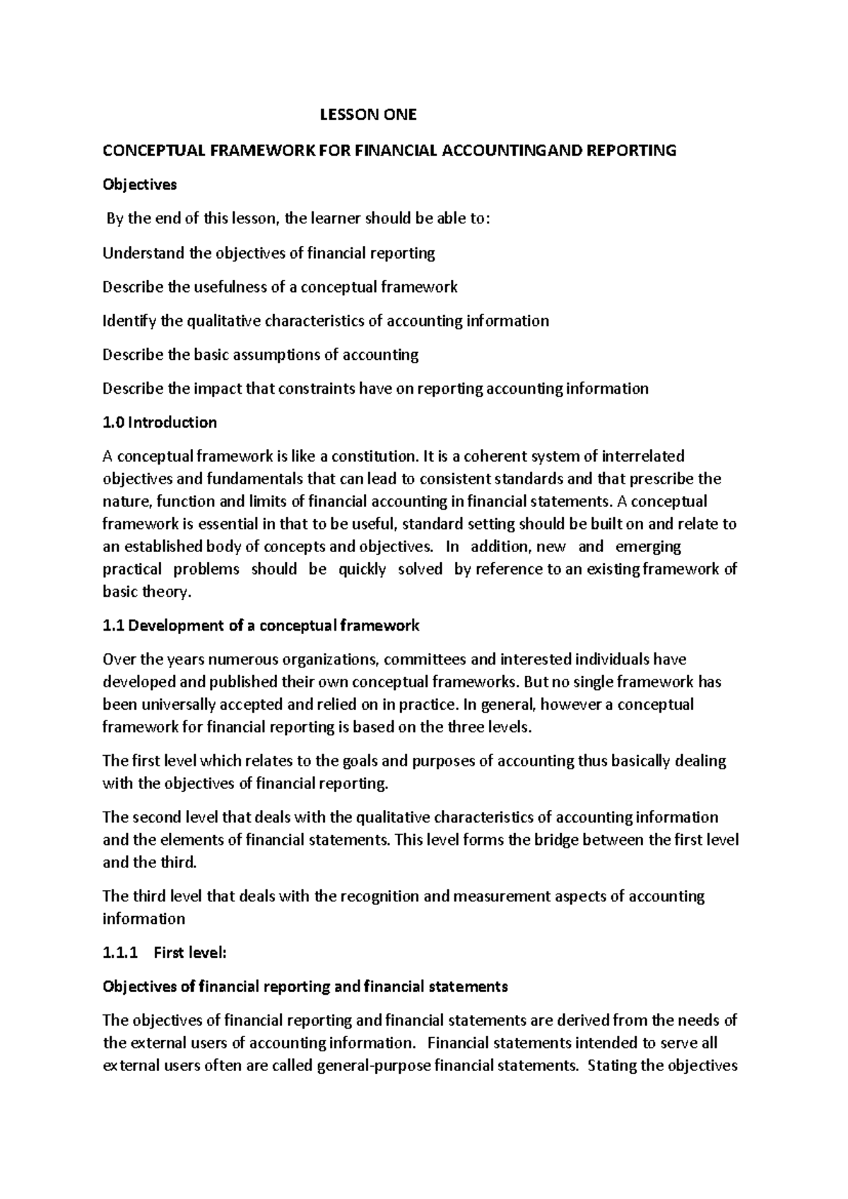 Lesson One Conceptual Framework For Financial Accounting Acc 101