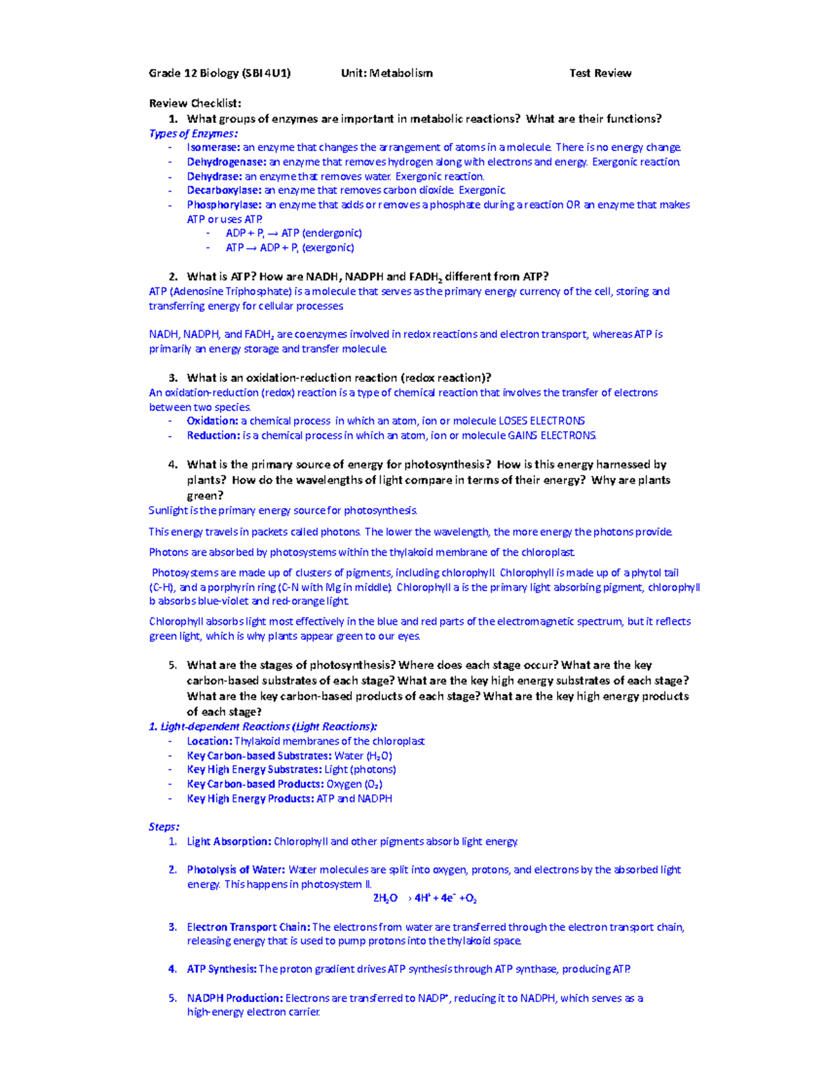 Grade 12 Biology (SBI 4U1) Unit 3: Metabolism Test Review Guide - Studocu