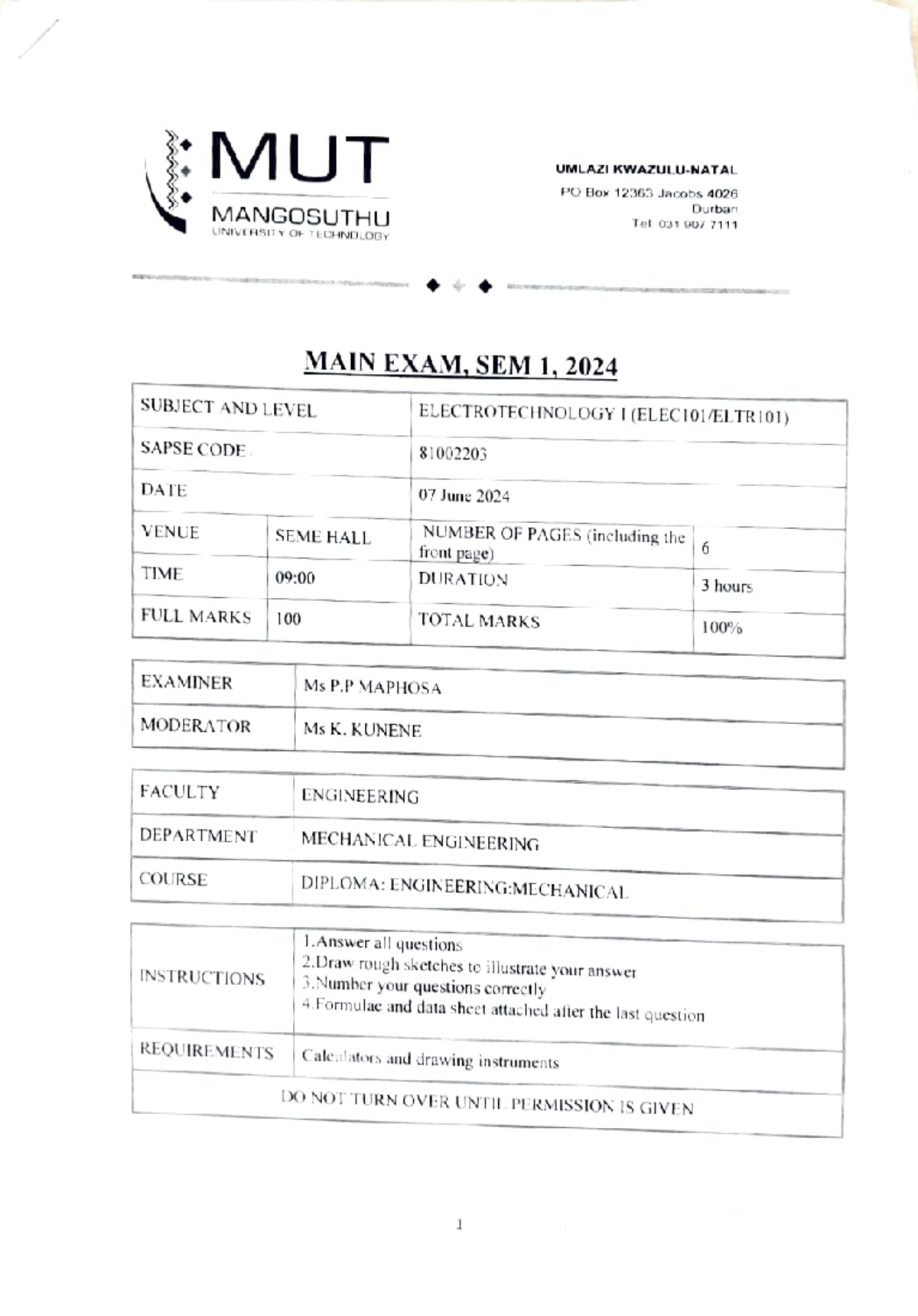 Electrotechnology I Main Exam (ELEC101/ELTRI01) Instructions 2024 - Studocu