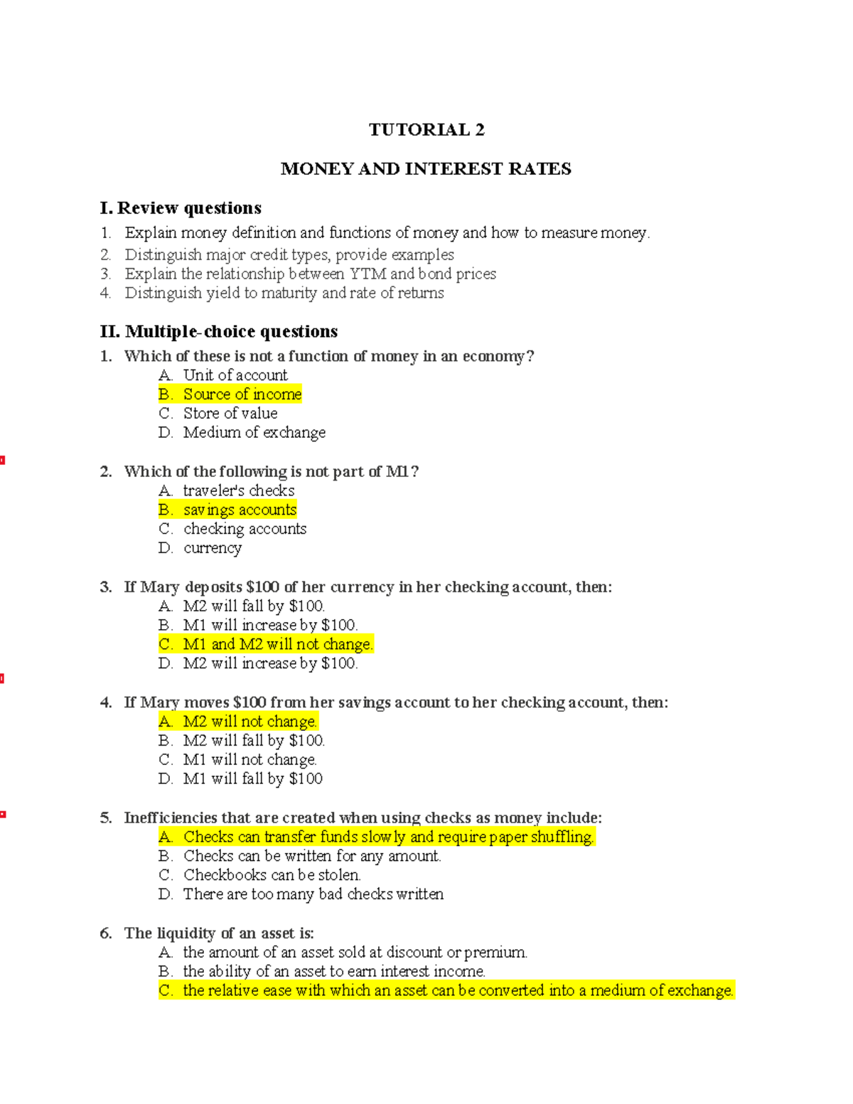 Tutorial 2: Money and Interest Rates Review Questions - Studocu