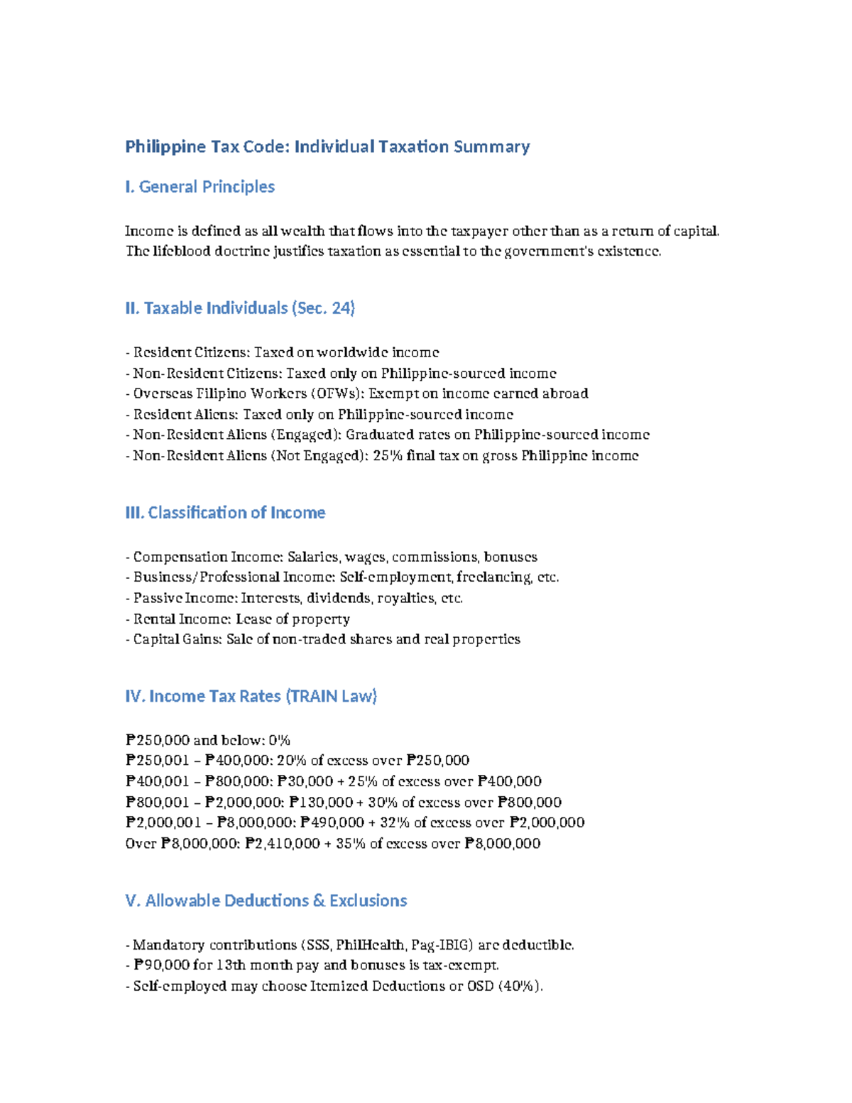 Philippine Tax Code: Individual Taxation Reviewer Summary - Studocu