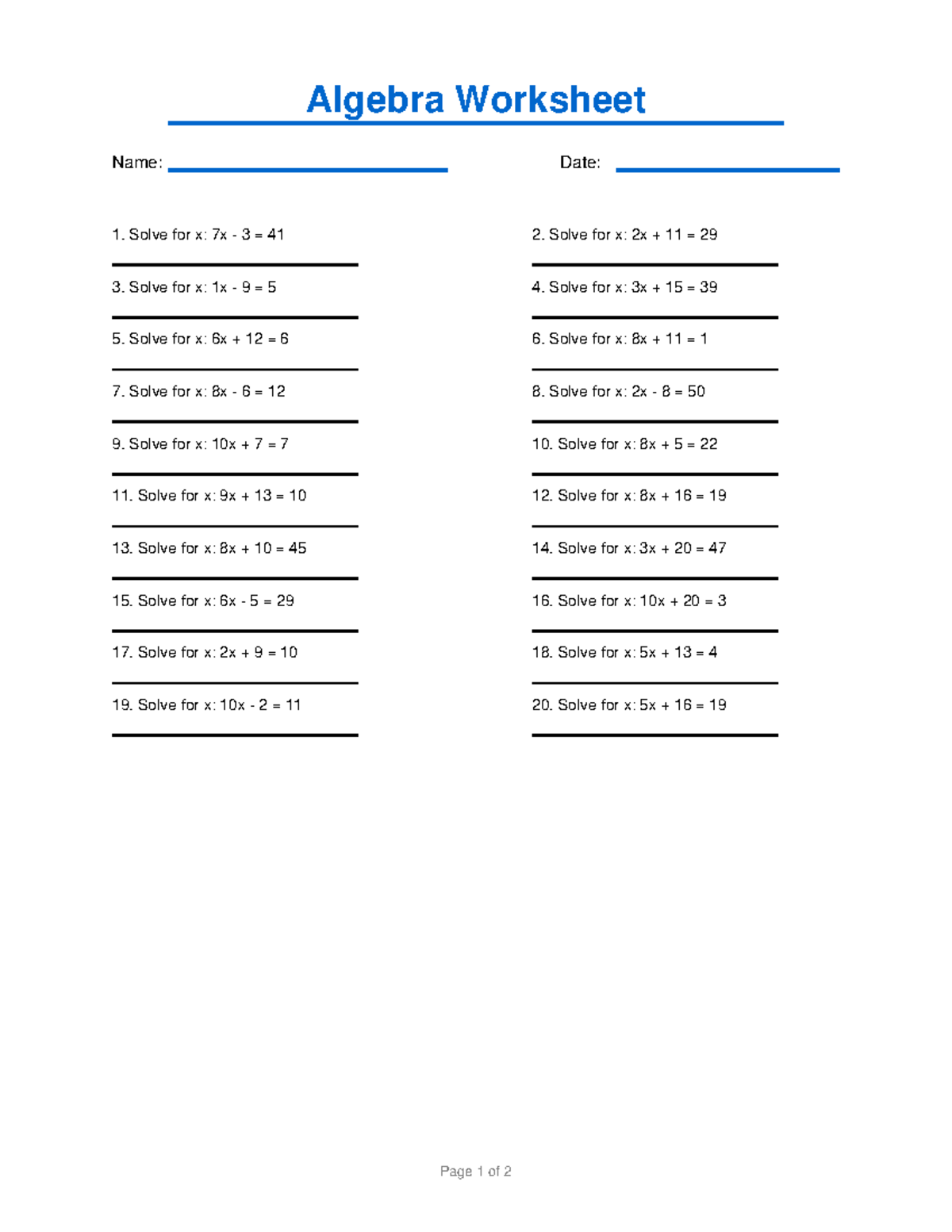 Algebra Worksheet 2: Problem Solving Exercises - Studocu