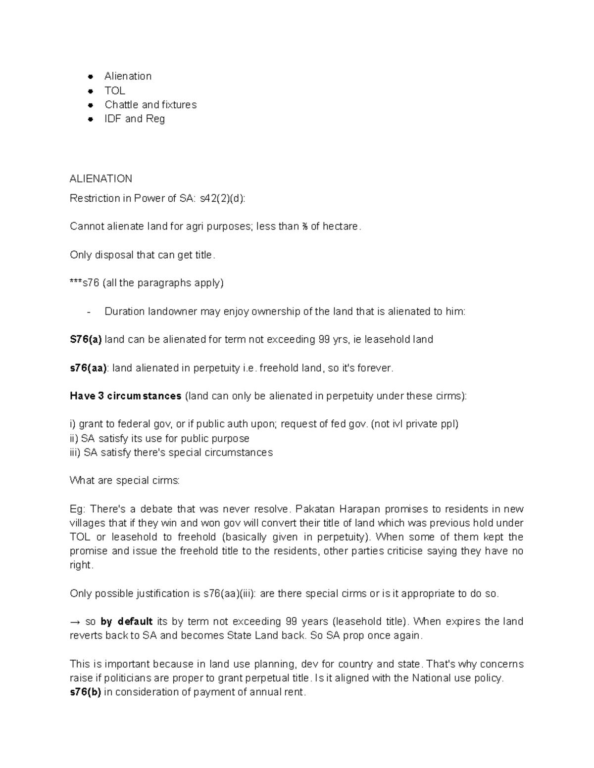Land Law II: Alienation, TOL, Reversion, and Forfeiture Notes - Studocu