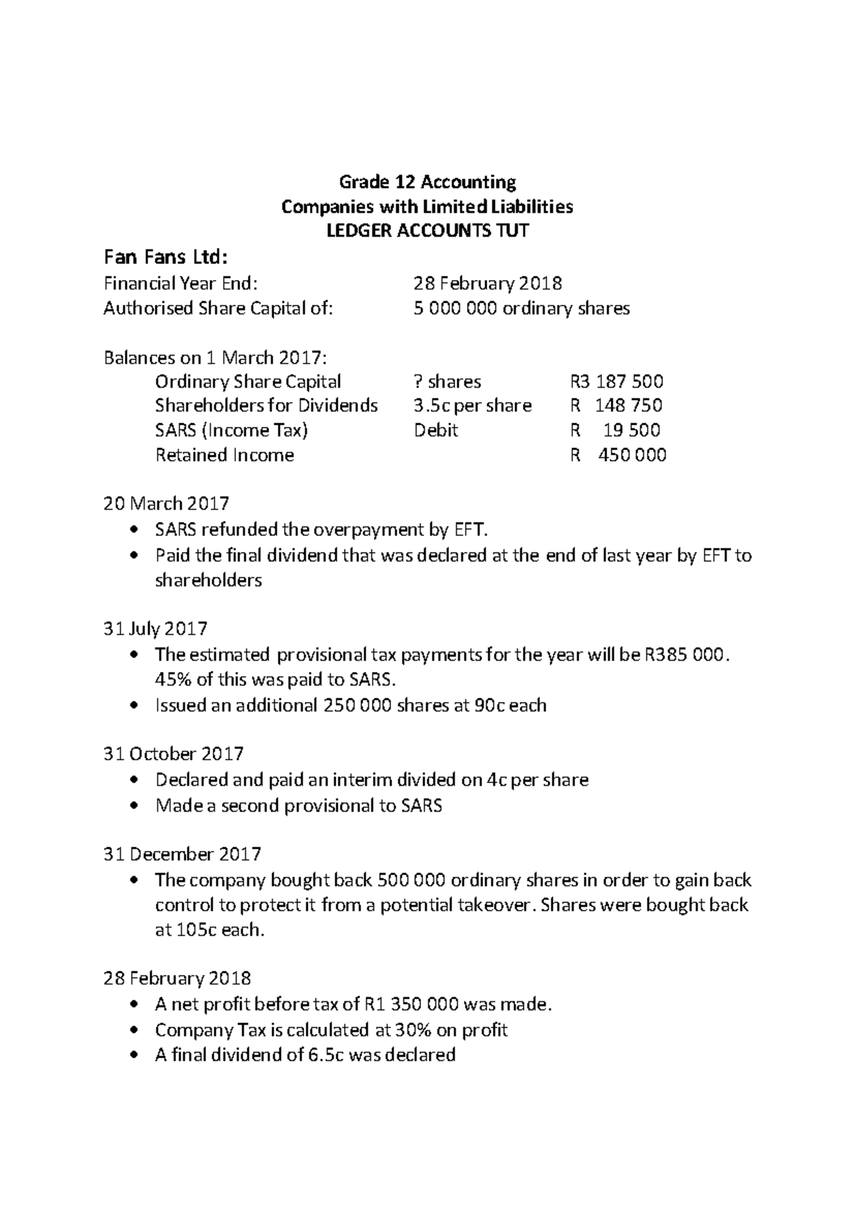 Grade 12 Accounting TUT: Companies Ledger Accounts for Fan Ltd - Studocu