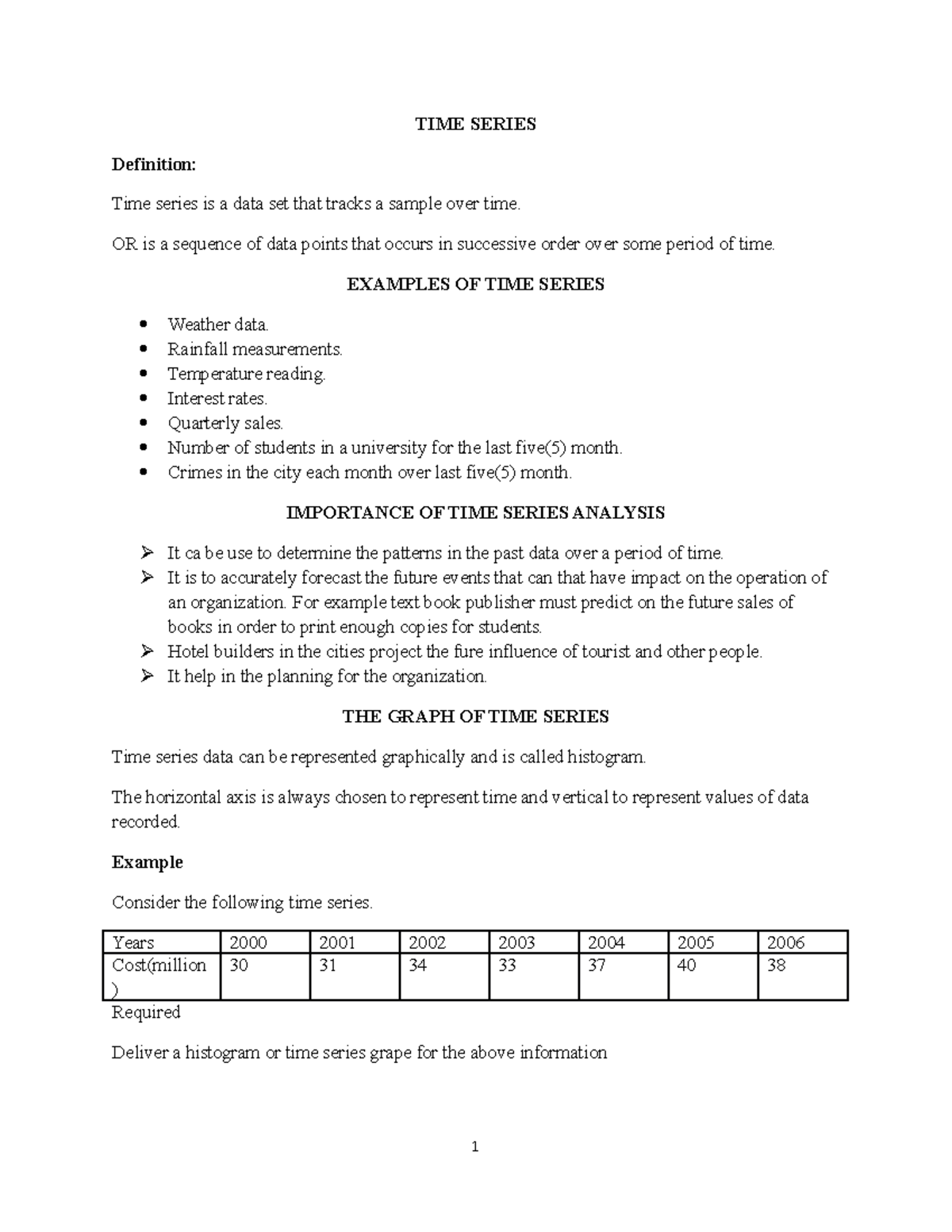 Group TEN TIME Series - TIME SERIES Definition: Time series is a data set that tracks a sample ...
