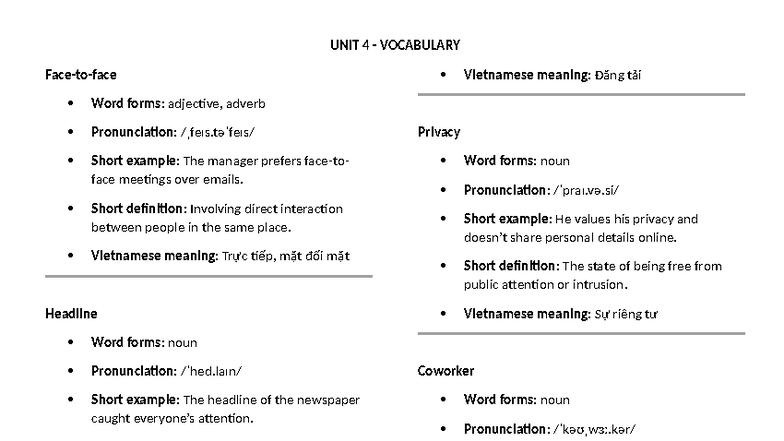 Unit 4 Vocabulary Study Guide: Word Forms & Pronunciation - Studocu