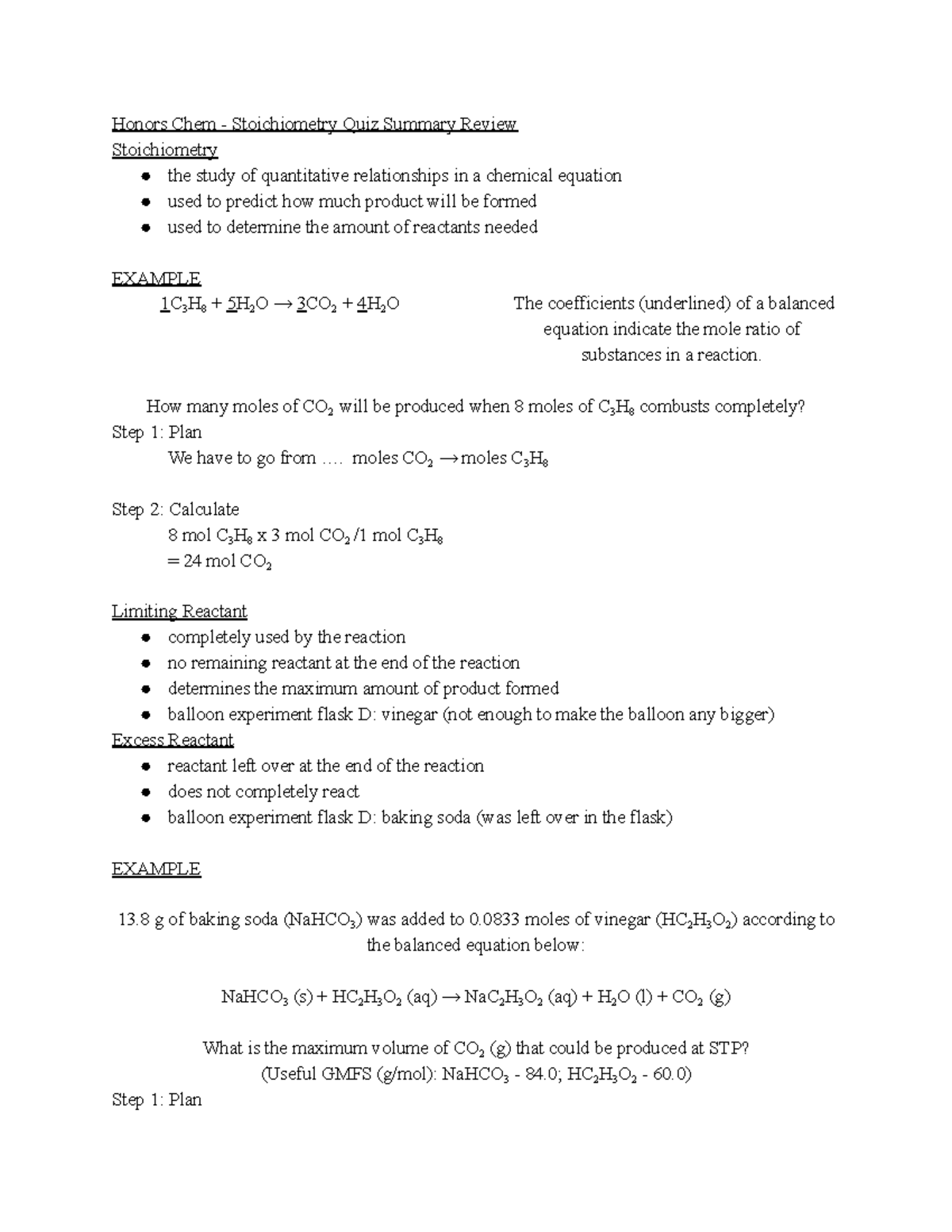Honors Chem - Comprehensive Stoichiometry Quiz Review Guide - Studocu