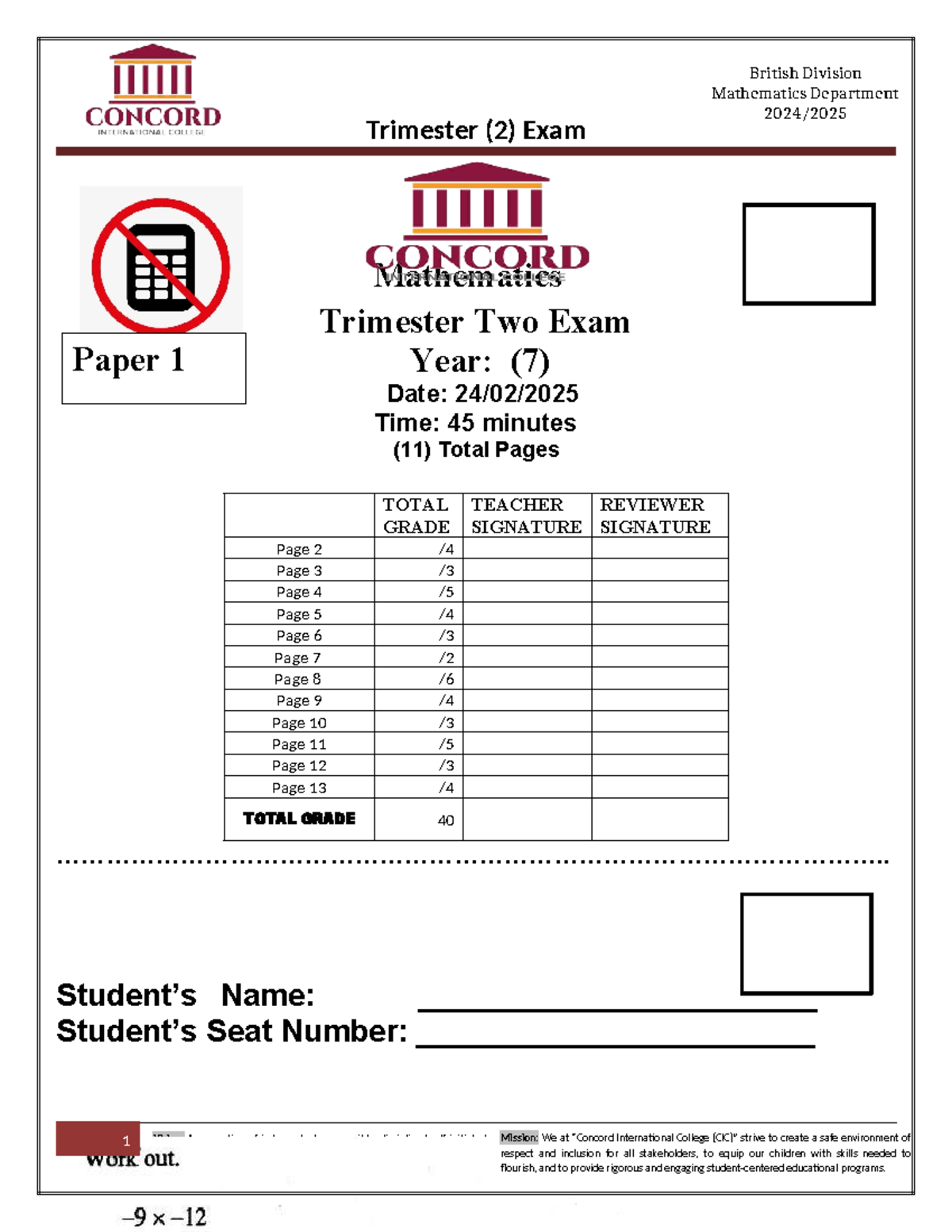 Yr 7 Trimester 2 Exam Paper 1 - British Division Mathematics - Studocu