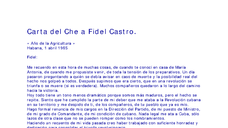Carta del Che a Fidel Castro: Reflexiones y Despedida - Studocu