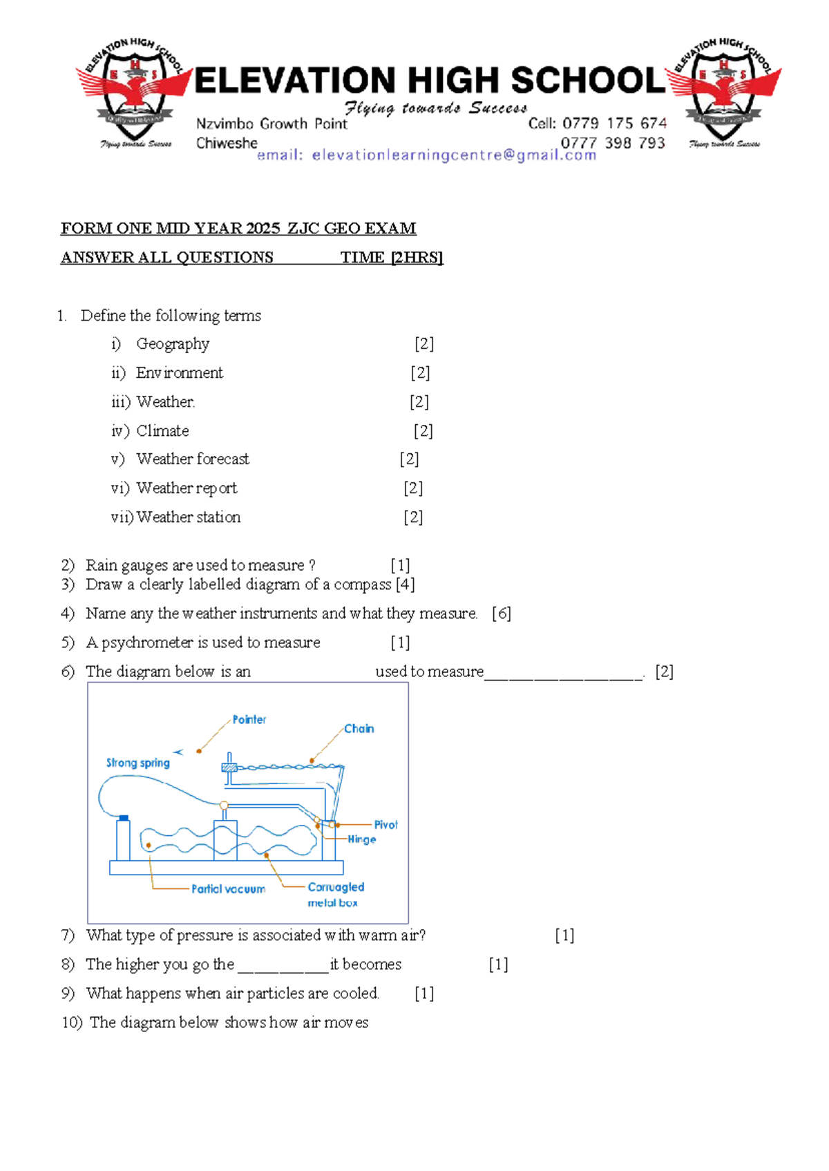 FORM ONE MID YEAR 2025 ZJC GEO EXAM QUESTIONS AND ANSWERS - Studocu