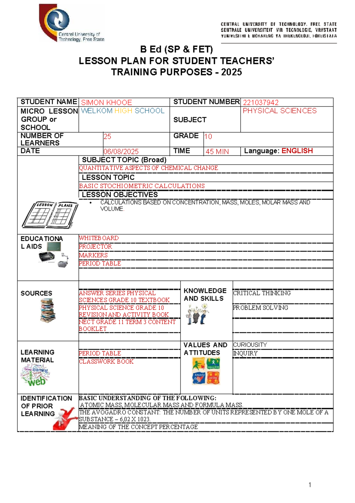 B Ed (SP FET) Lesson Plan: Stoichiometric Calculations for Grade 10 ...