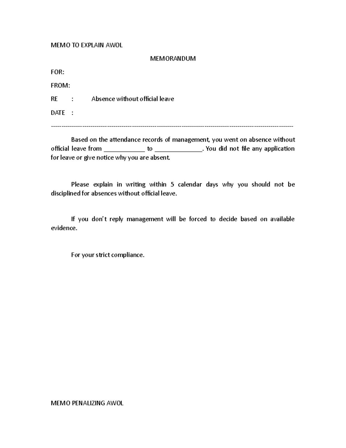Memorandum - Business Subject - MEMO TO EXPLAIN AWOL MEMORANDUM FOR ...