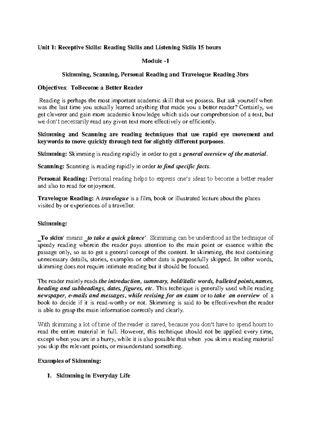 Unit 1 - Receptive Skills: Lecture Notes on Reading & Listening ...