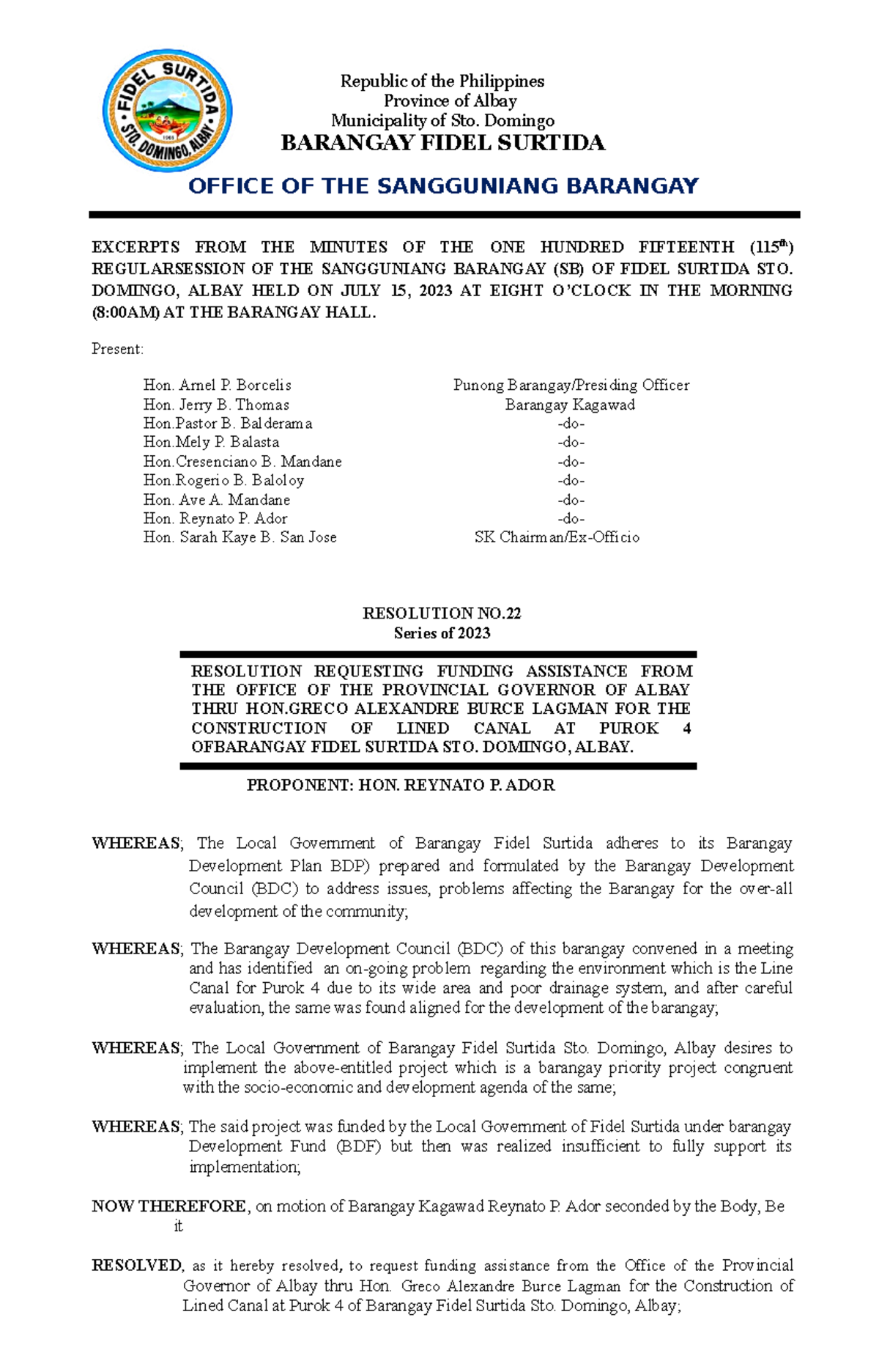 Resolution 22 S. 2023: Funding Request for Lined Canal in Purok 4 - Studocu
