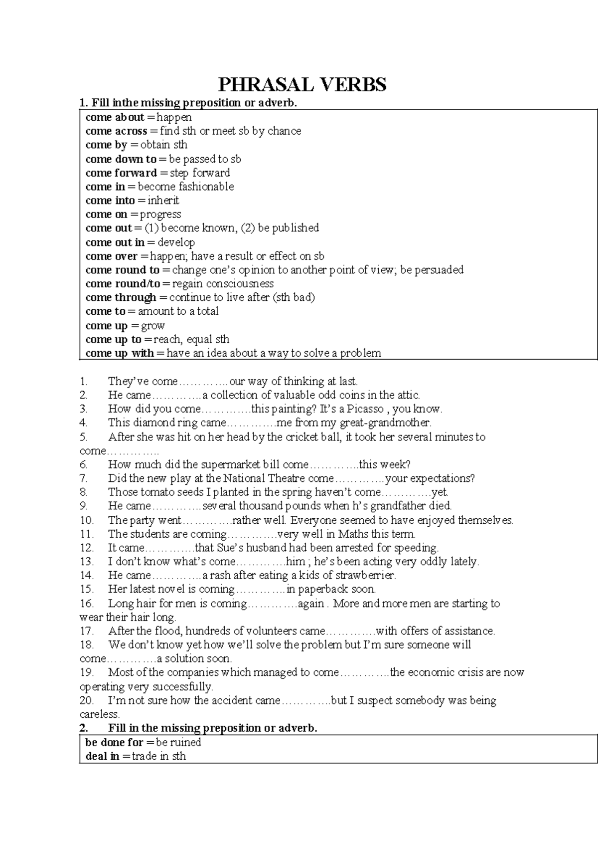 Phrasal Verbs Practice - Exercises and Key (ENG 101) - Studocu