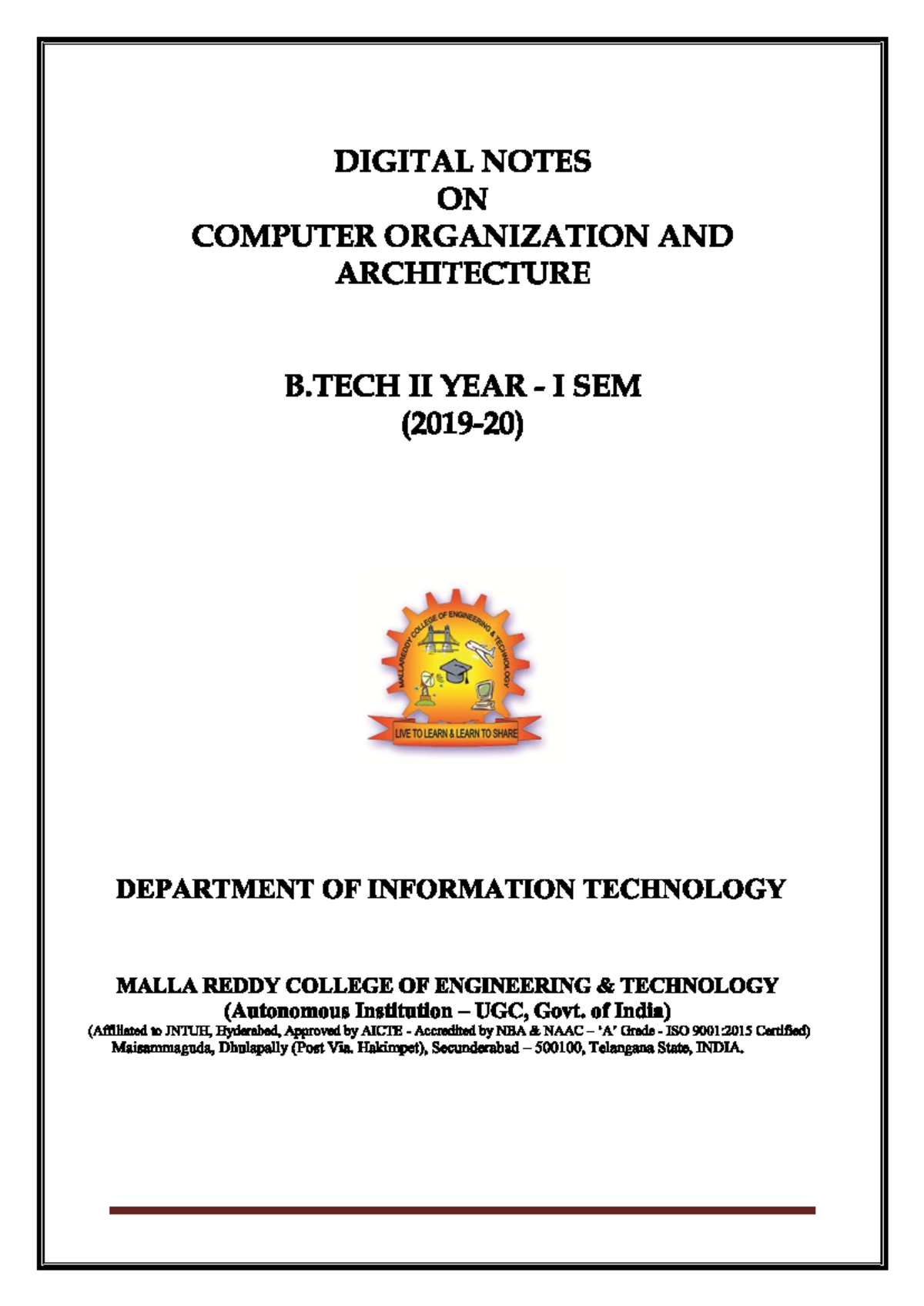 DIGITAL NOTES ON COMPUTER ORGANIZATION AND ARCHITECTURE (R18A1201 ...