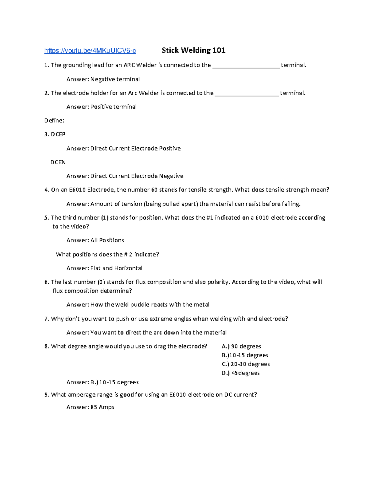Welding 101 Worksheet w Answers - youtu/4MKuUICV6-c Stick Welding 101 ...