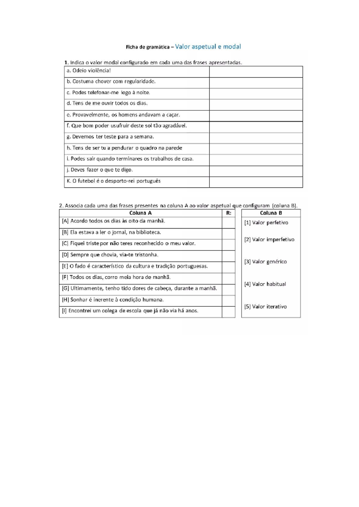Ficha de gramática: Valor Aspetual e Modal 1 - Análise e Exemplos - Studocu