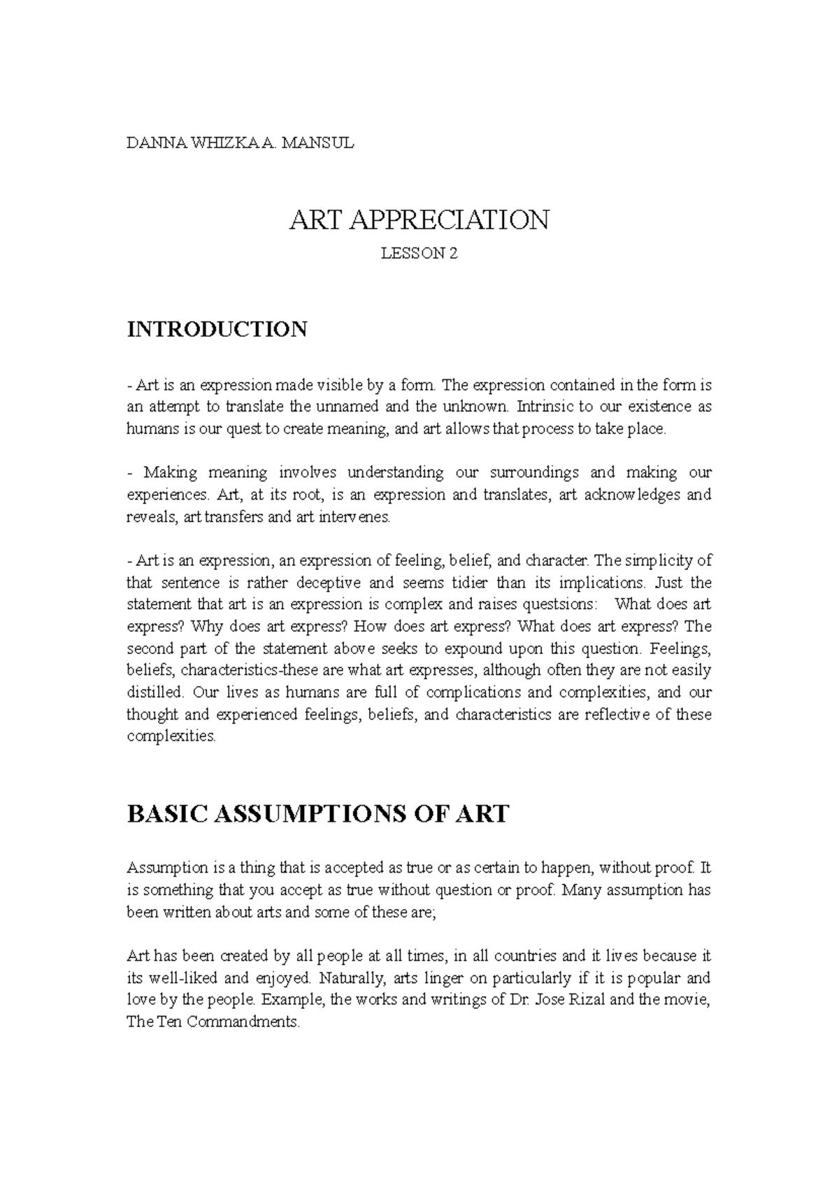 ART APPRECIATION (ART101) MIDTERM LECTURE NOTES: LESSON 2 - Studocu