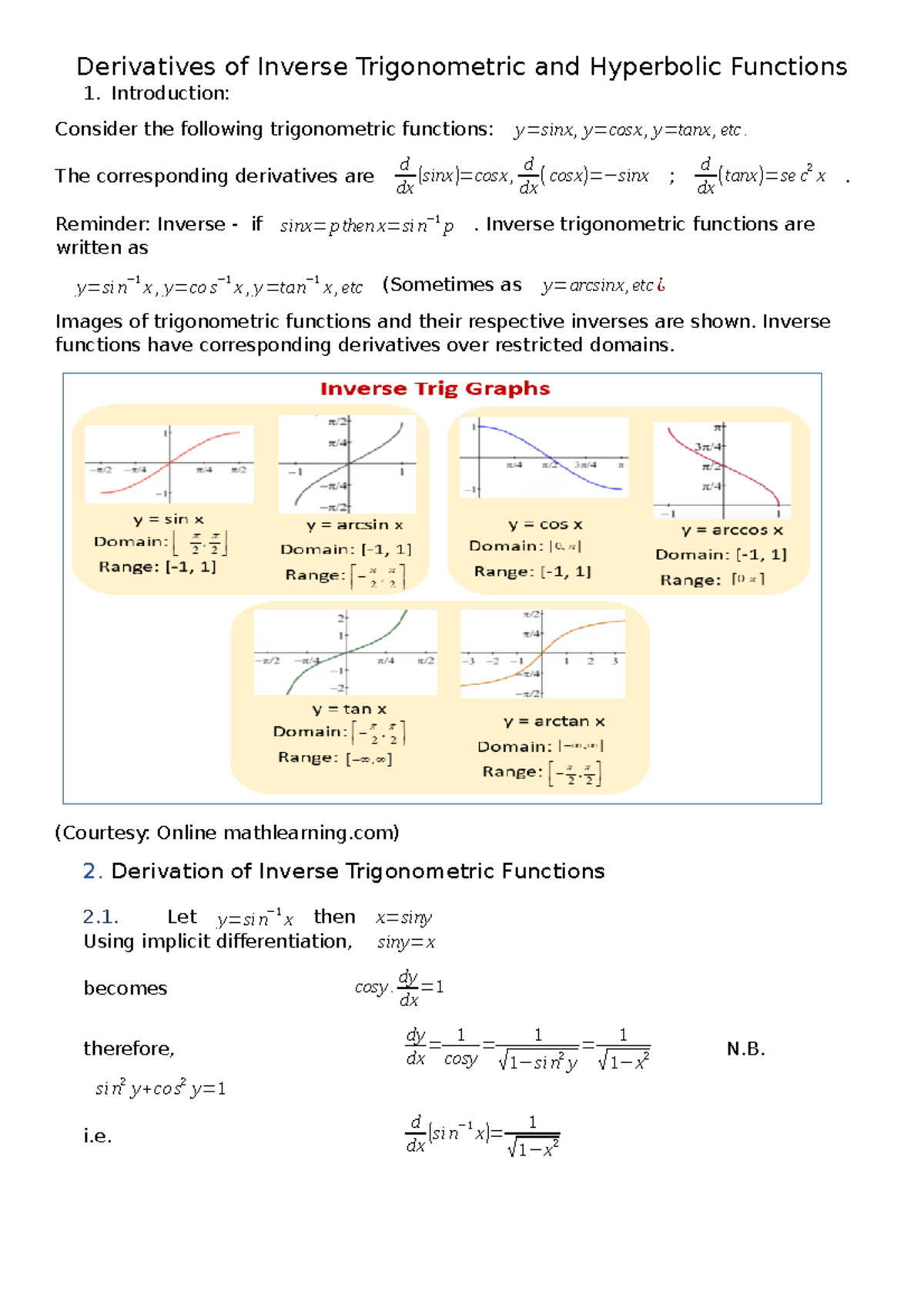 Derivatives of Inverse Trig & Hyperbolic Functions - Notes (MATH101 ...