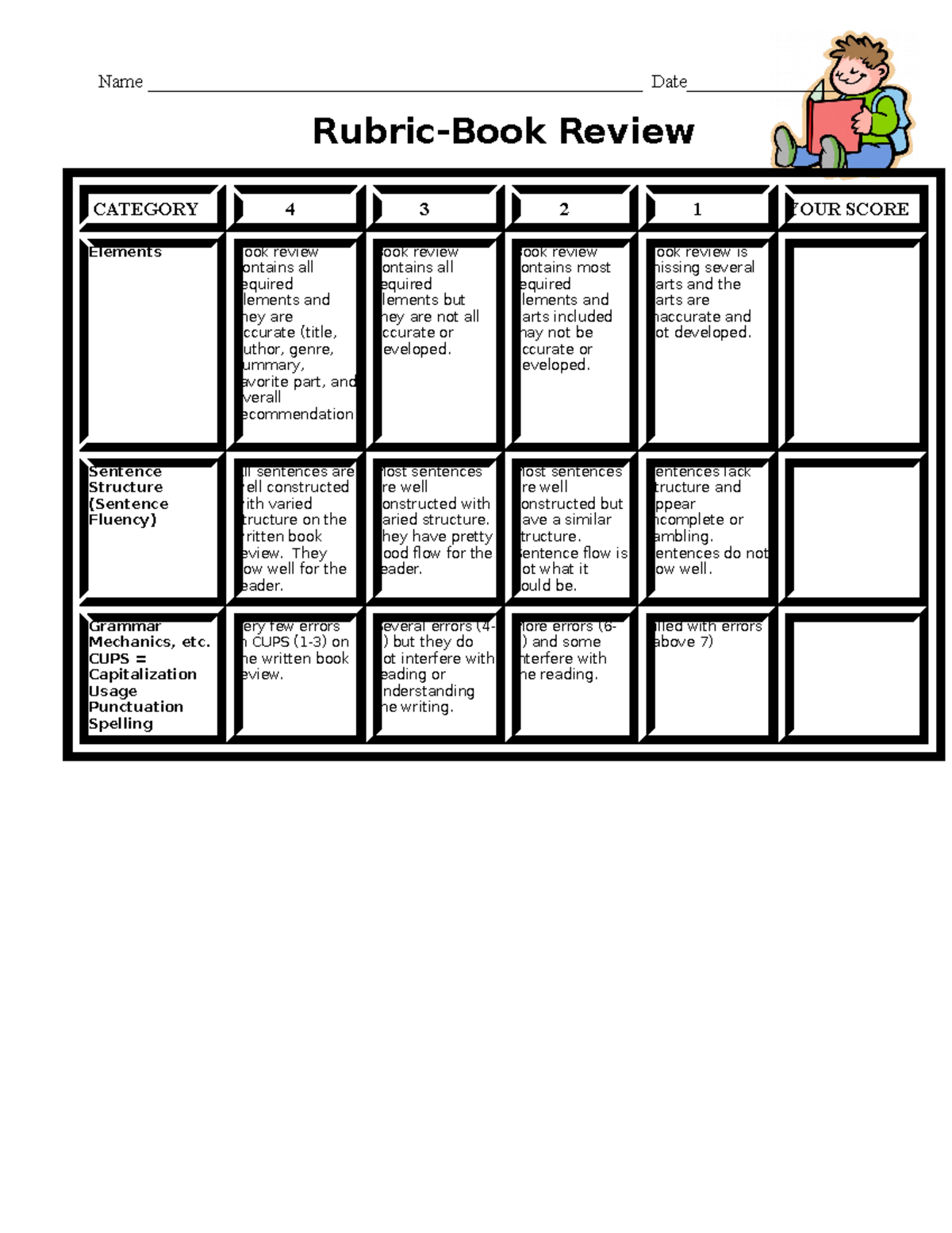 Book Review Rubric Editable FREE-1 - Name