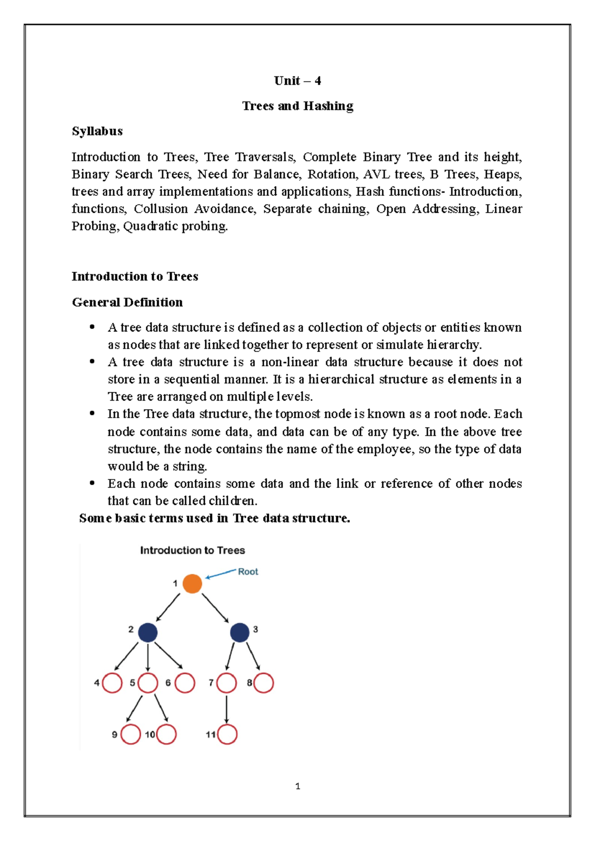Unit IV - Trees and Hashing: Data Structures and Algorithms Notes - Studocu