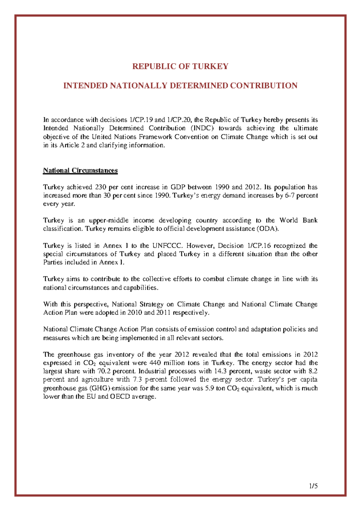 Turkey's Intended Nationally Determined Contribution (INDC) Report ...