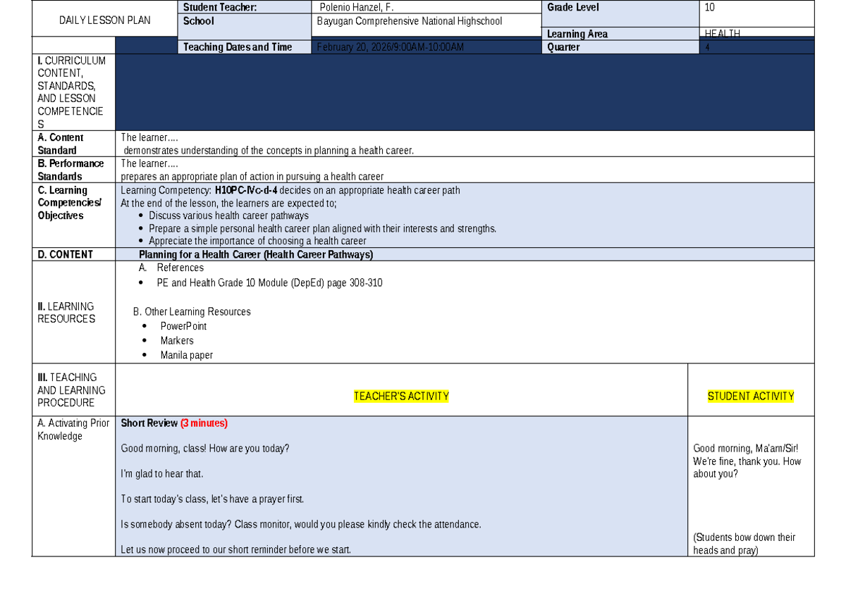 DAILY LESSON PLAN: HEALTH CAREER PATHWAYS (HEALTH 4) - Studocu