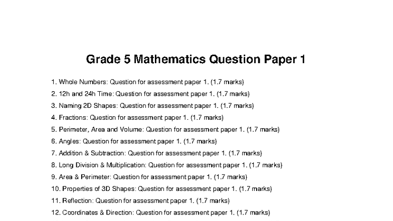 Grade 5 Mathematics Assessment Paper 1 Questions - Studocu