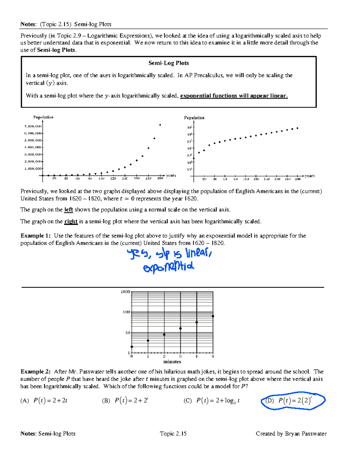 Notes: Topic 2.15 Semi-log Plots in AP Precalculus - Studocu