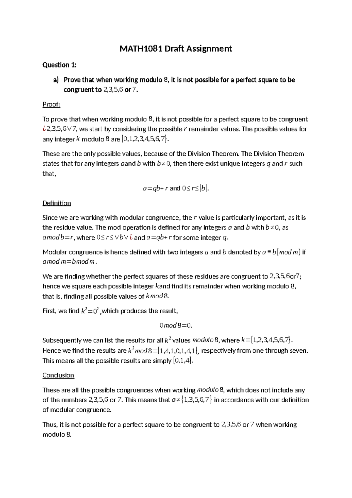 MATH1081 Draft Assignment: Proofs on Modular Arithmetic and Relations ...