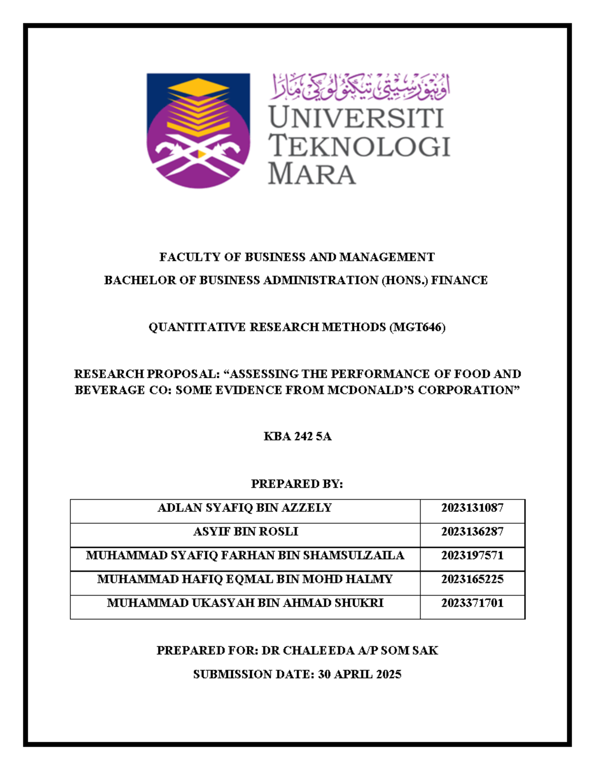 MGT646 Research Proposal: Analyzing Food & Beverage Performance Factors ...