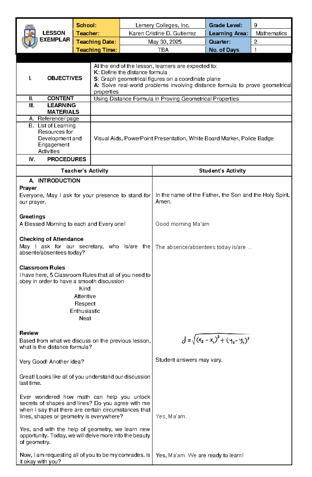DLP 2025: Lesson on Distance Formula in Geometry for Grade 9 - Studocu