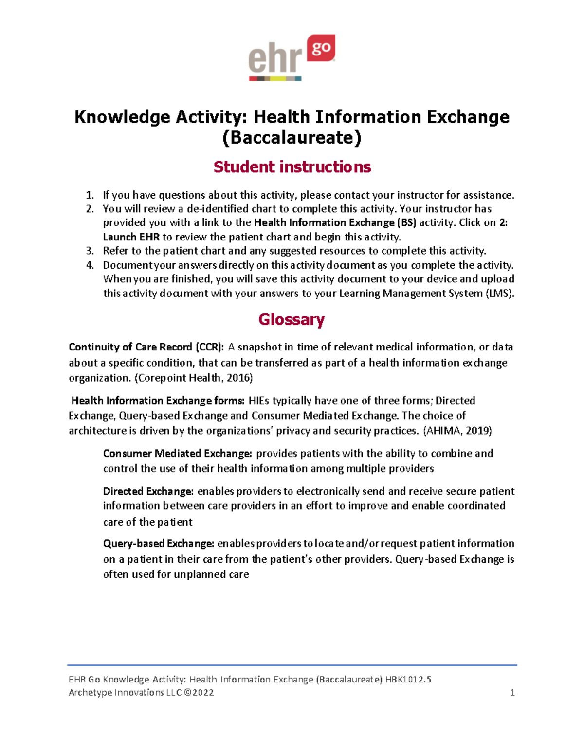 HBK1012 Baccalaureate Activity: Understanding Health Information Exchange - Studocu