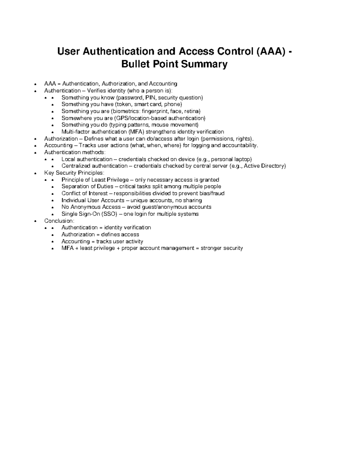 AAA Summary: User Authentication, Authorization, and Accounting - Studocu