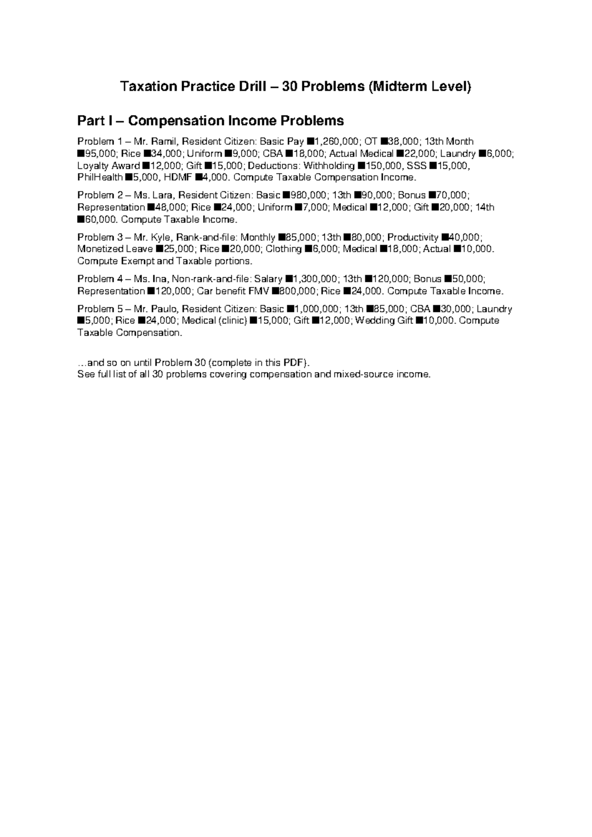 Taxation Practice Drill: 30 Compensation Income Problems (Midterm ...