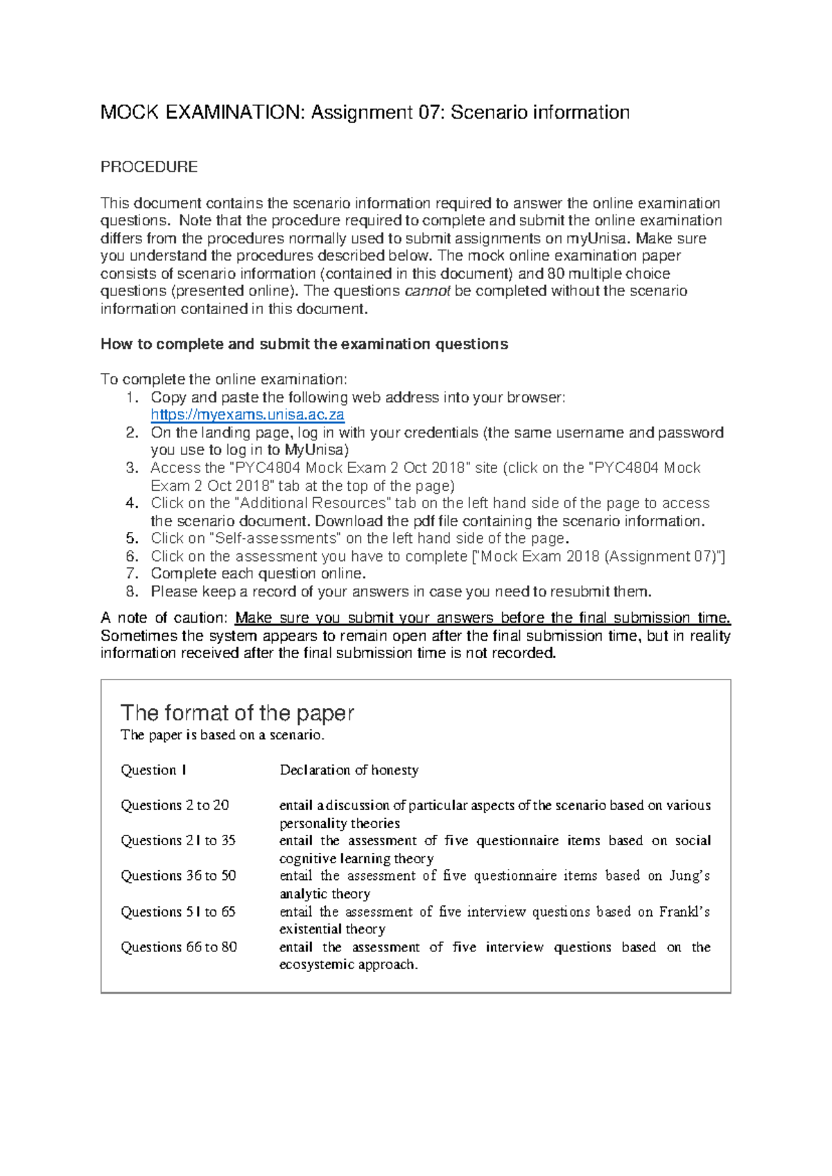 PYC4804 MOCK EXAM 2018: Scenario Info for Online Assessment - Studocu