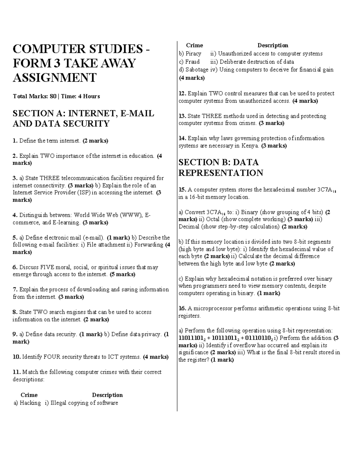 FORM 3 COMPUTER STUDIES ASSIGNMENT: INTERNET & DATA SECURITY - Studocu