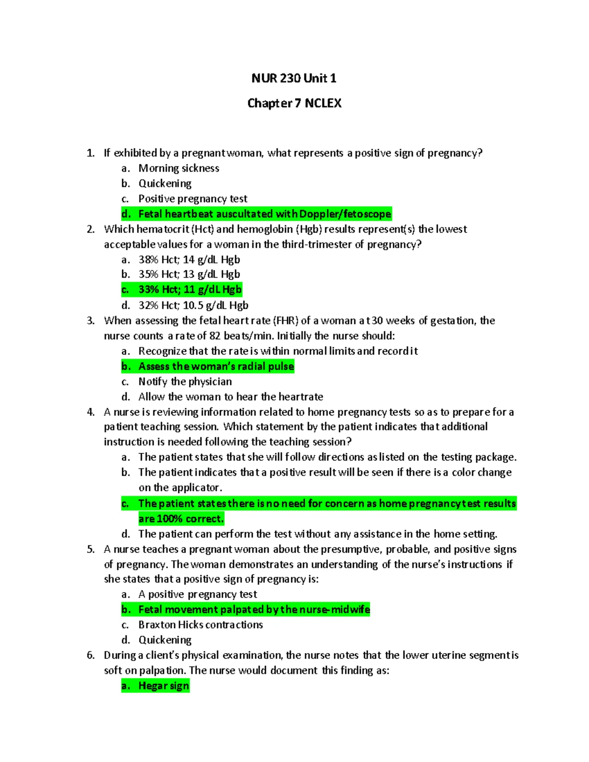 Chapter 8 Nclex - NUR 230 Unit 1 Chapter 8 NCLEX 1. A pregnant woman’s ...