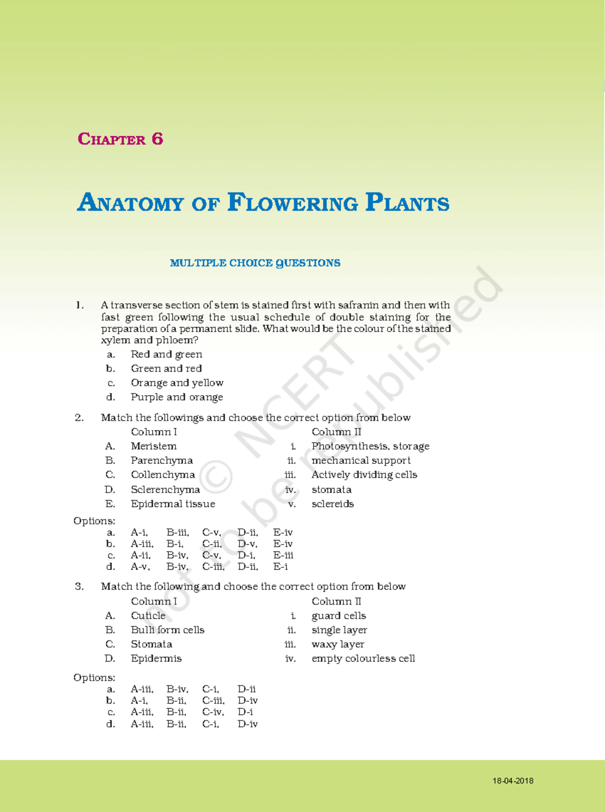Anatomy of Flowering Plants - MCQ & Short Answer Exemplar 2023 - Studocu