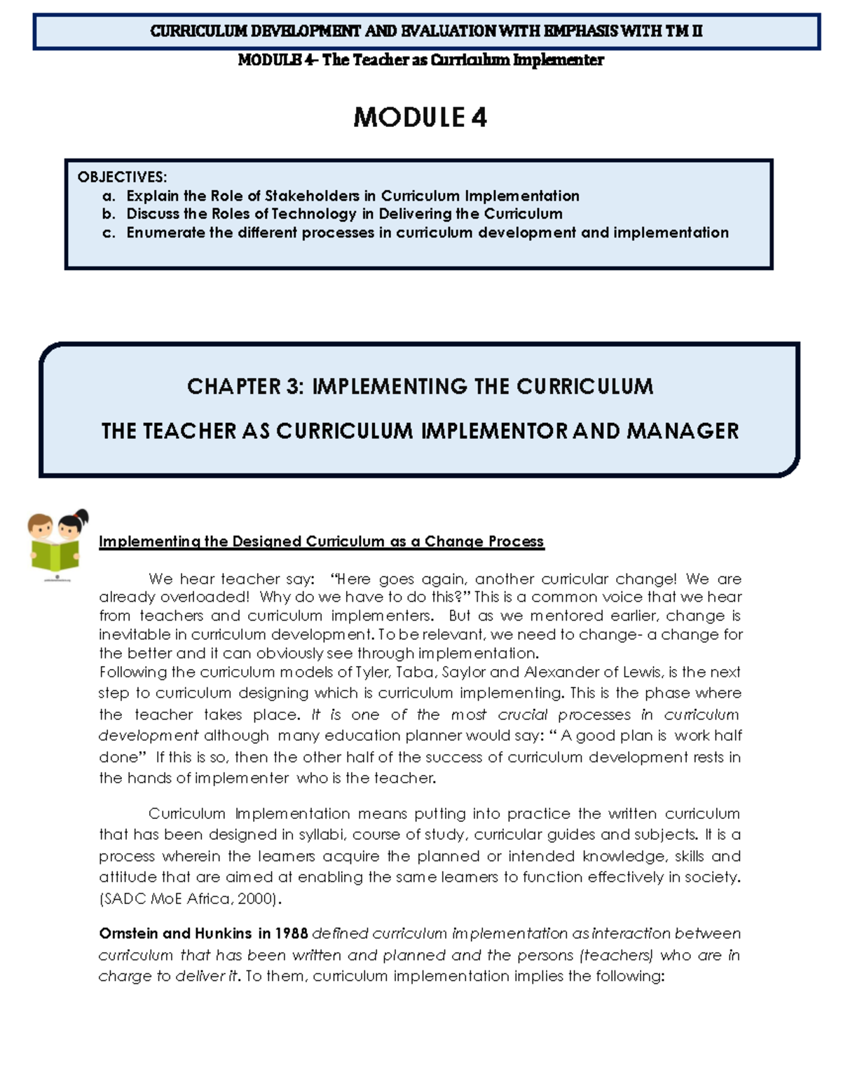 Module 4 Curriculum Implementation: The Teacher's Role in Change - Studocu