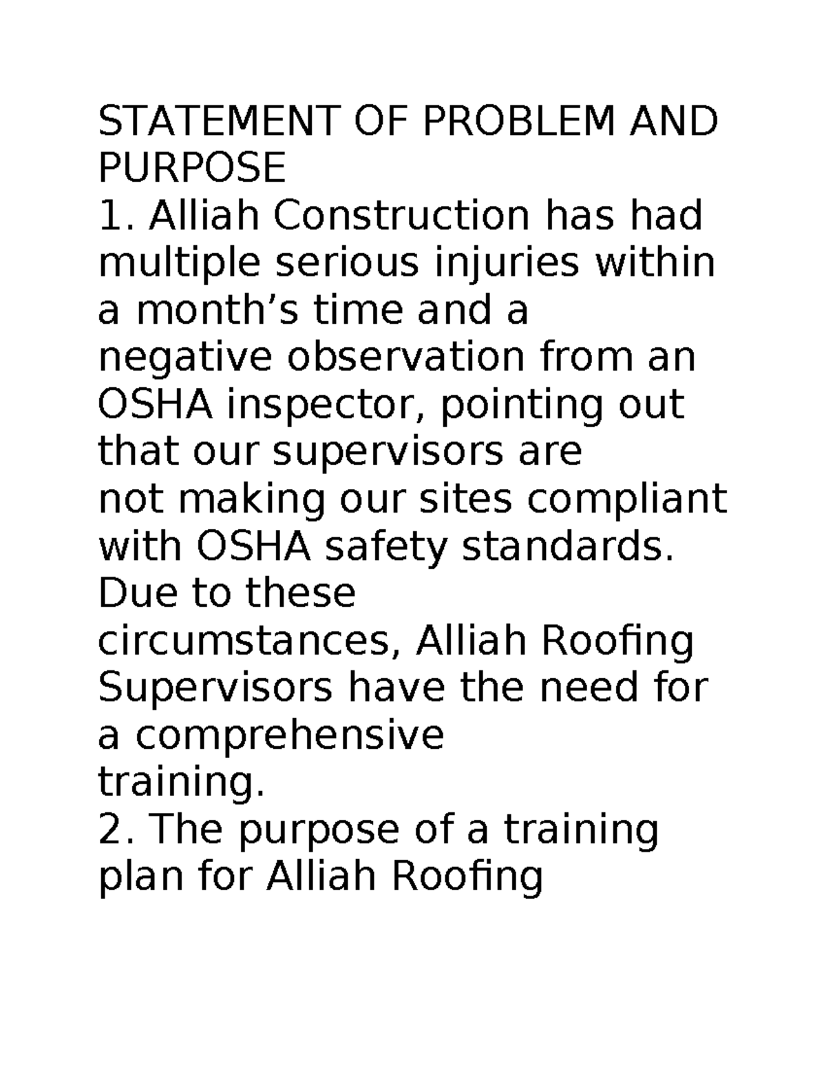 OSHA Compliance Training Plan for Alliah Roofing Supervisors - Studocu