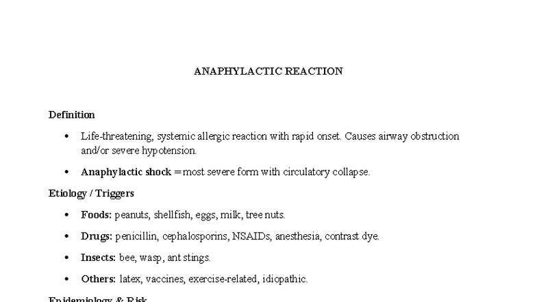 Anaphylaxis - Key Emergency Nursing Notes (NUR 101) - Studocu